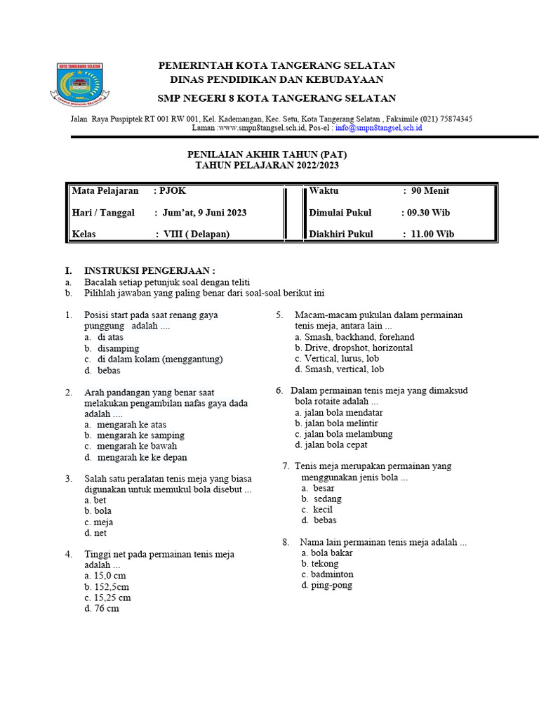 Soal PAT PJOK Kelas 8 | PDF