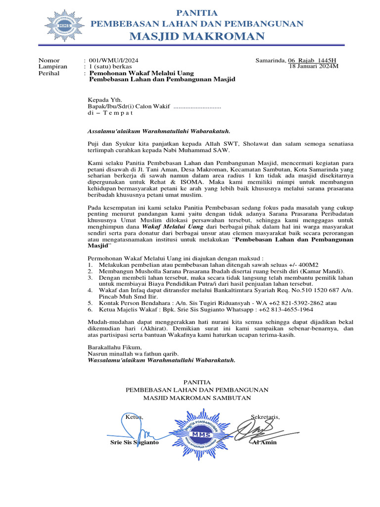 Proposal Panitia Pembangunan Masjid Makroman | PDF