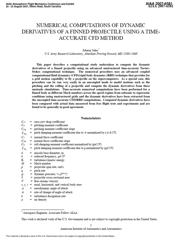Numerical Computations of Dynamic Derivatives of A Finned Projectile Using A Time-Accurate CFD ...