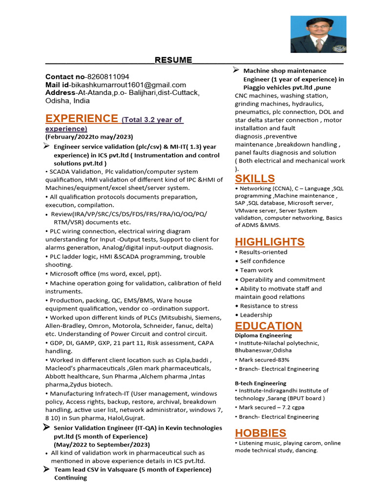 Experience: Resume | Download Free PDF | Programmable Logic Controller | Scada