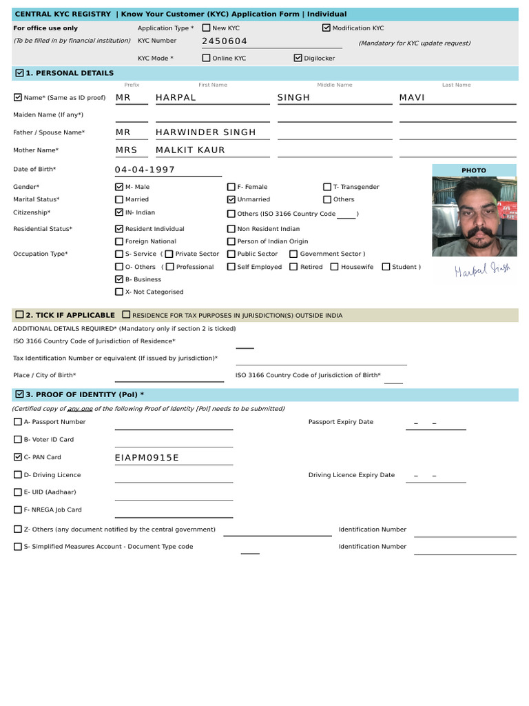 KYC Application Form for Individuals in India | PDF | Identity Document ...