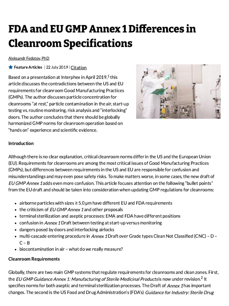 FDA and EU GMP Annex 1 Differences in Cleanroom Specifications - RAPS | PDF