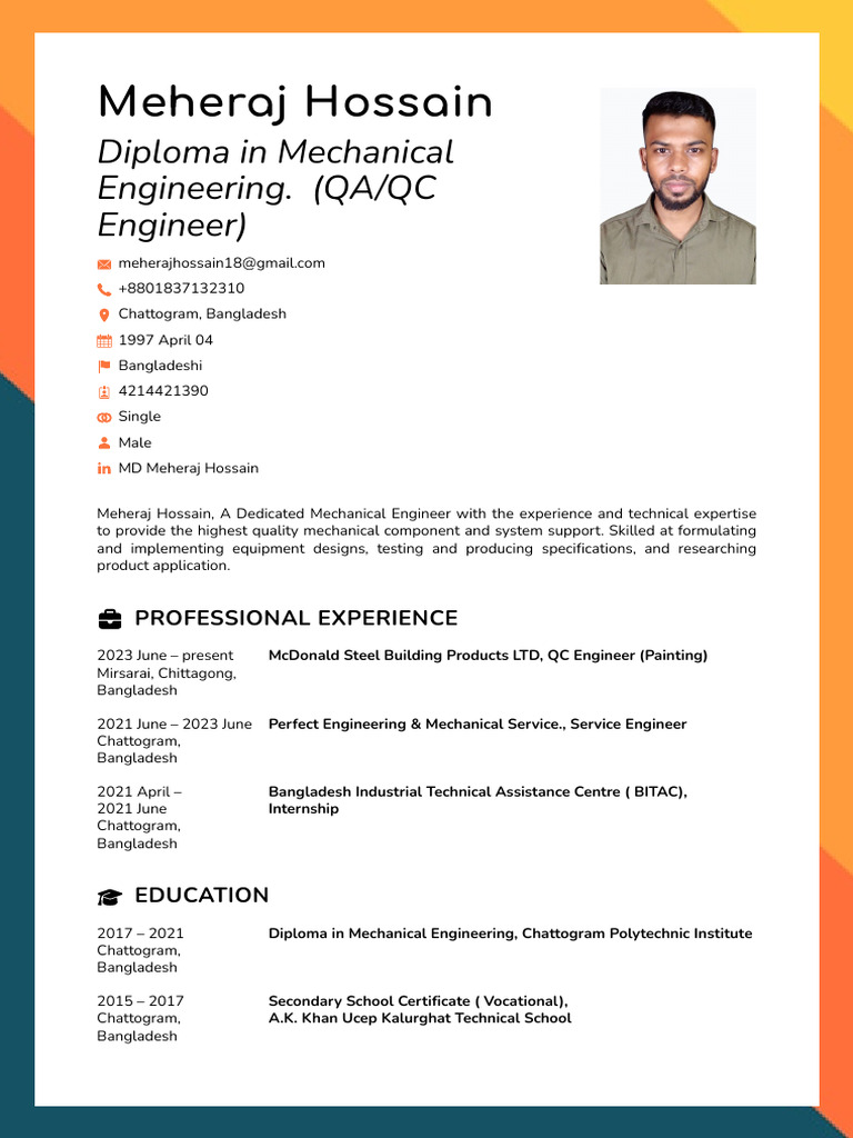 Resume of Meheraj Hossain (Diploma in Mechanical Engineering) | PDF | Quality Assurance | Bangladesh