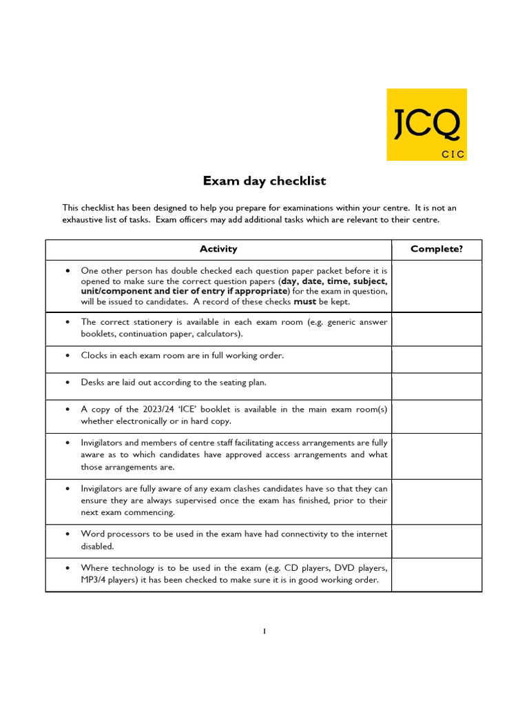 JCQ Exam Day Checklist | PDF | Computing