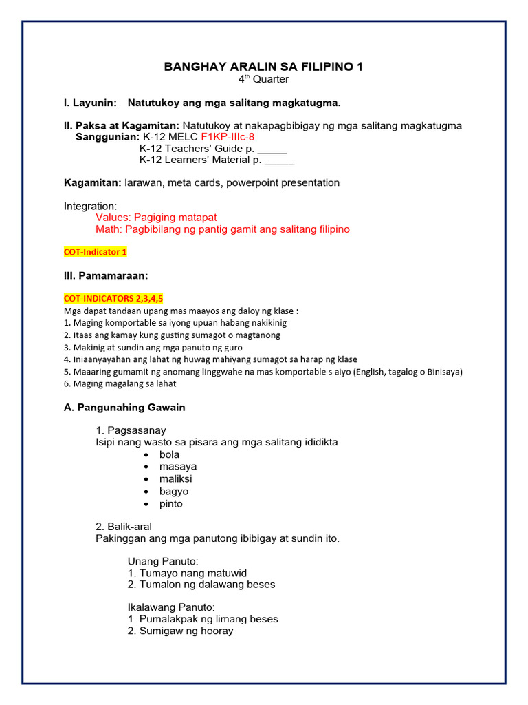 4th COT Filipino Lesson Plan | PDF