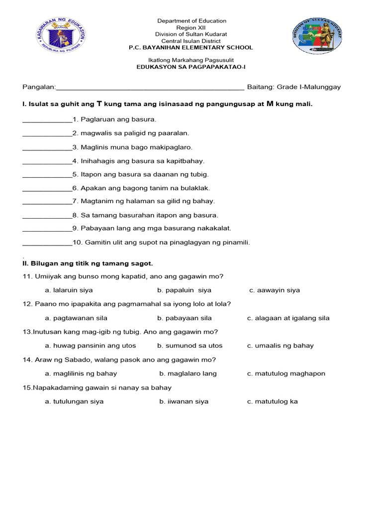 3rd Quarter Examination Grade1 2023 Pdf