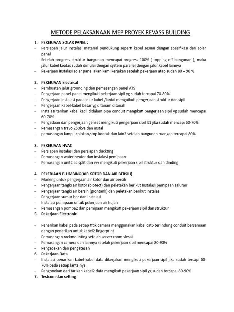 Metode Pelaksanaan Mep Proyek Revass Building | PDF