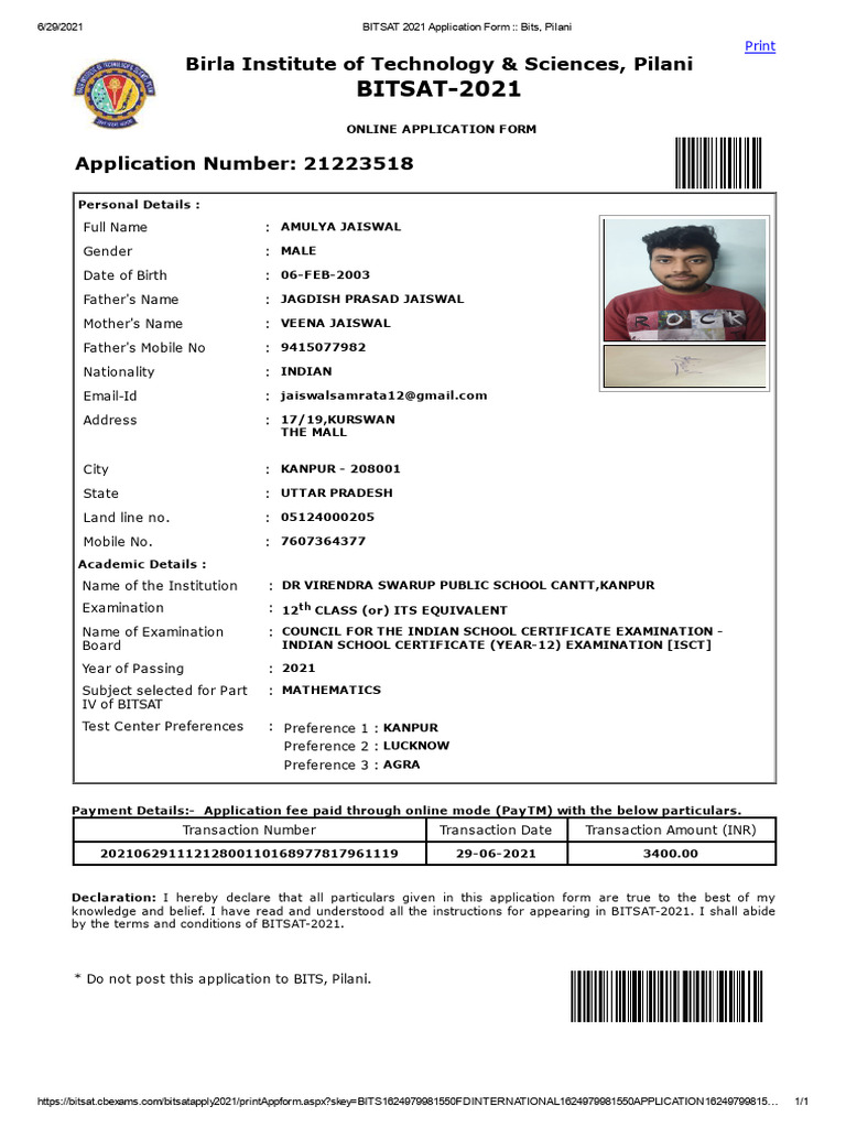 BITSAT 2021 Application Form - Bits, Pilani | PDF