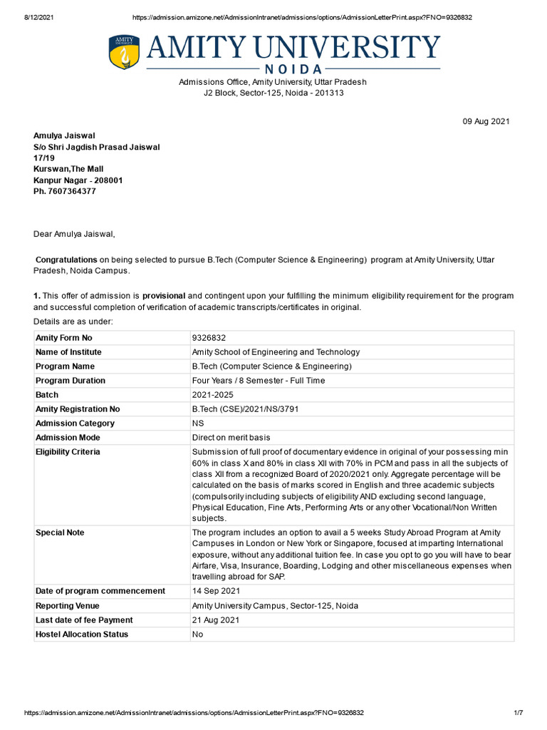 AMITY AdmissionLetterPrint | PDF | Finance & Money Management