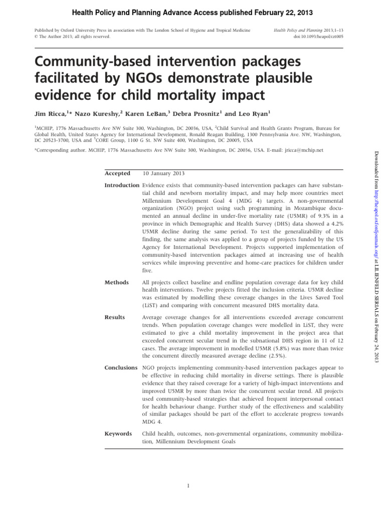 Community Based Intervention Packages Facilitated by NGOs Demonstrate Plausible Evidence For ...