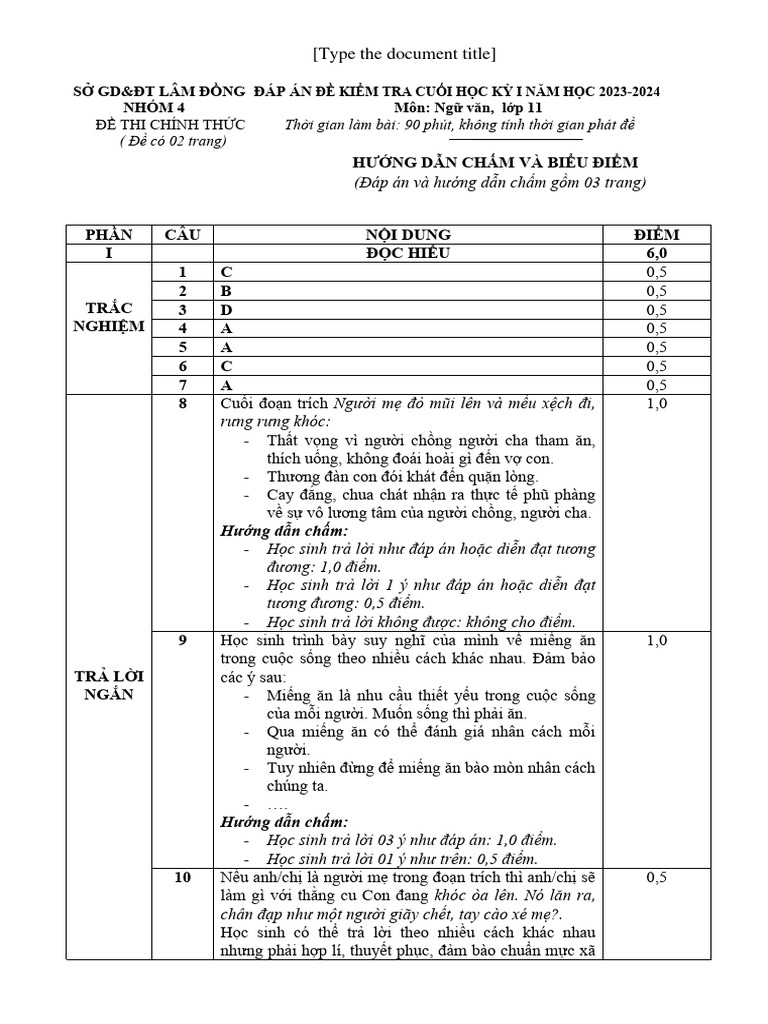 Đáp án kiểm tra giữa HKI lớp 11 NH 2023-2024- Nhất | PDF