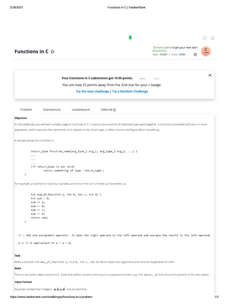 Functions in C Hacker Rank | PDF