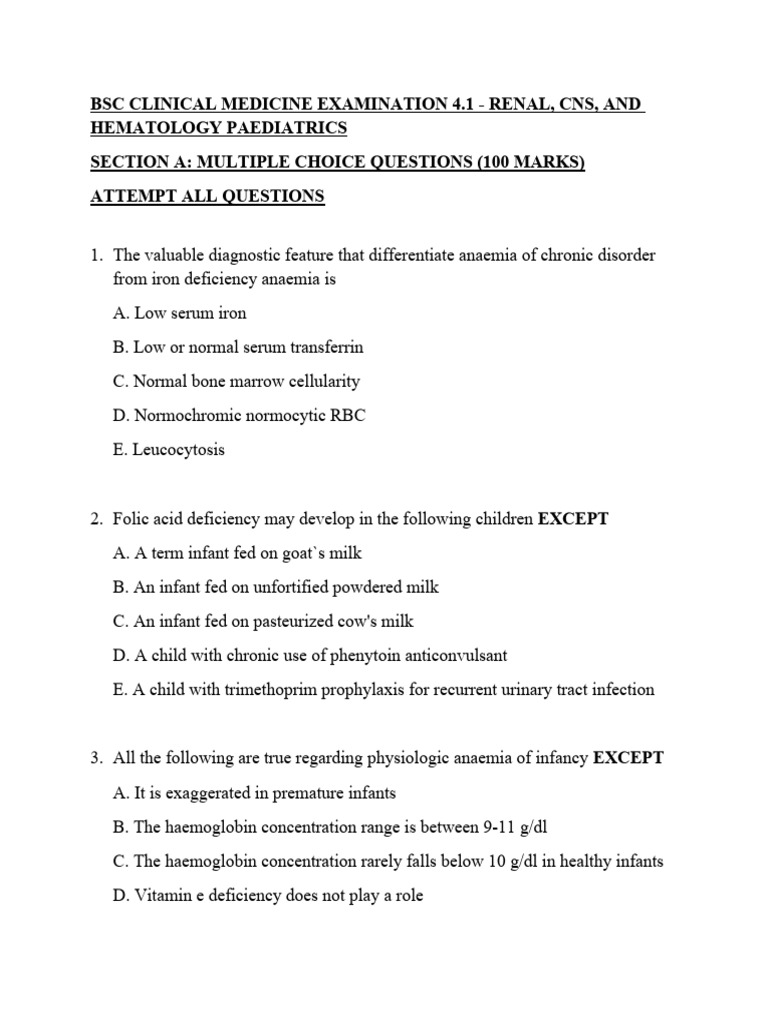 BSC Clinical Medicine Examination 4.1 Paeds | PDF | Anemia | Urinary ...