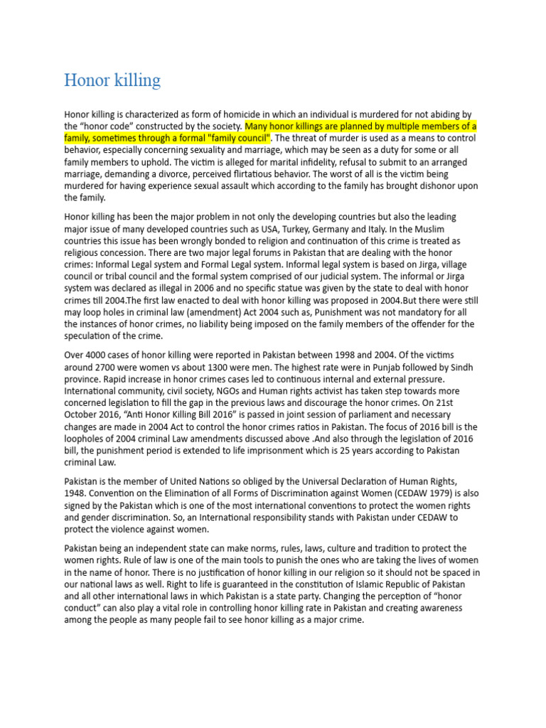 honor killing summary | Download Free PDF | Crimes | Crime & Violence