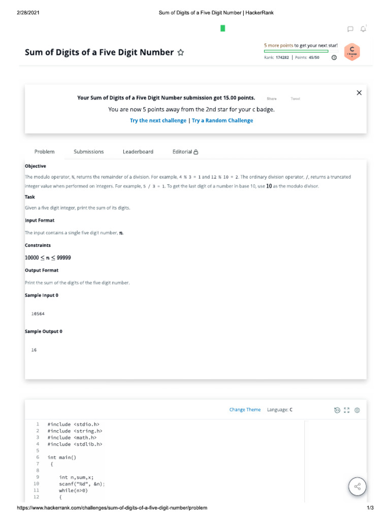Sum Of Digits Of A Five Digit Number Hacker Rank Pdf