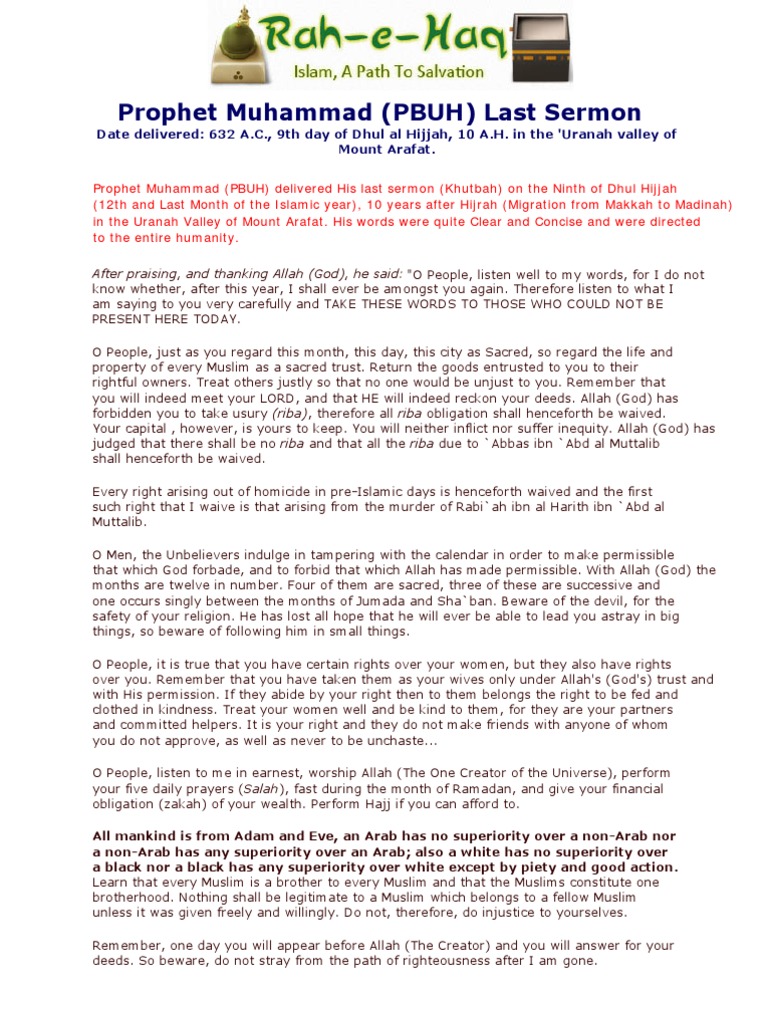 The Last Sermon of Muhammad PBUH (Farewell Sermon) - English | PDF | Prophets And Messengers In ...