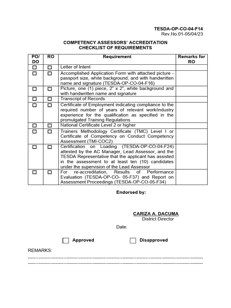 TESDA Assessor Accreditation Checklist | PDF