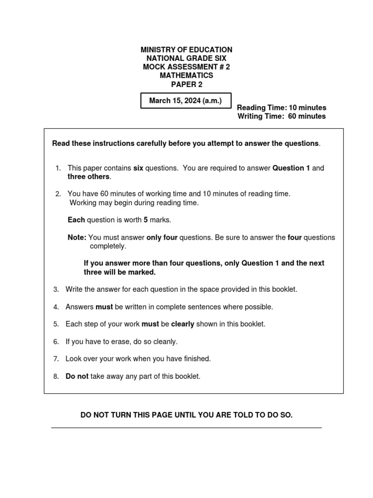 Grade Six Maths Mock Assessment 2024 | PDF | Area | Shape