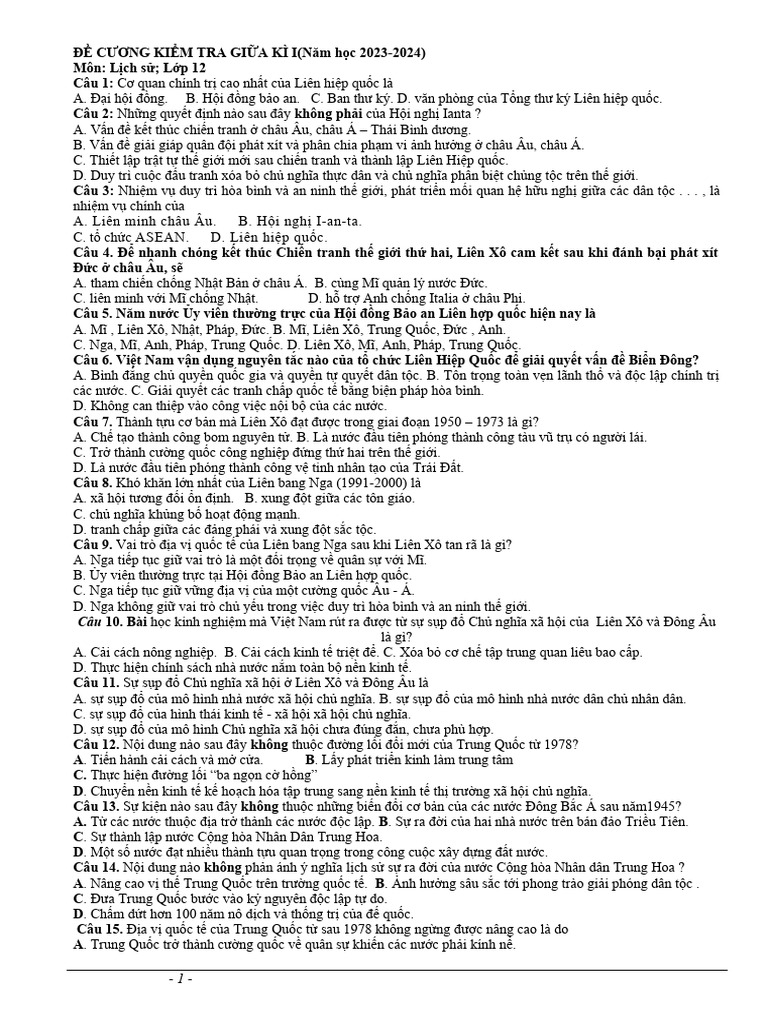 ĐỀ CƯƠNG GKI-SỬ 12 (HS) | PDF