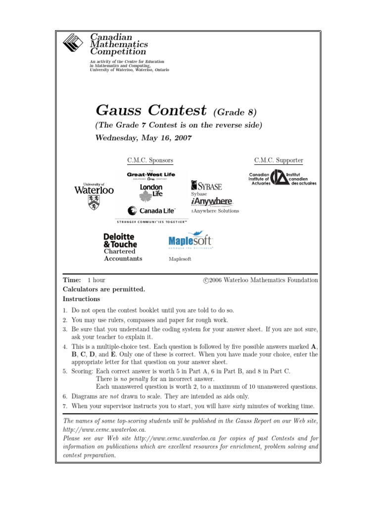 2007 Gauss 8 Contest | Download Free PDF | Area | Multiple Choice
