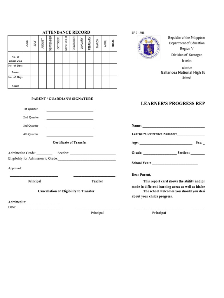 SF 9 - JHS (Learner's Progress Report Card B) | PDF | Learning | Behavioural Sciences