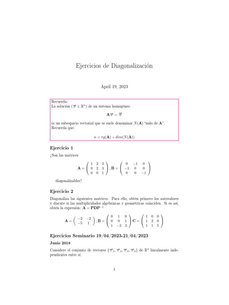 Ejercicios DIAGONALIZACIÓN | PDF | Base (álgebra lineal) | Álgebra abstracta