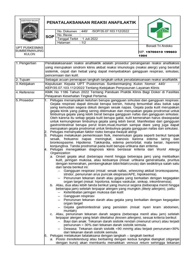 SOP Reaksi Anafilaktik | PDF