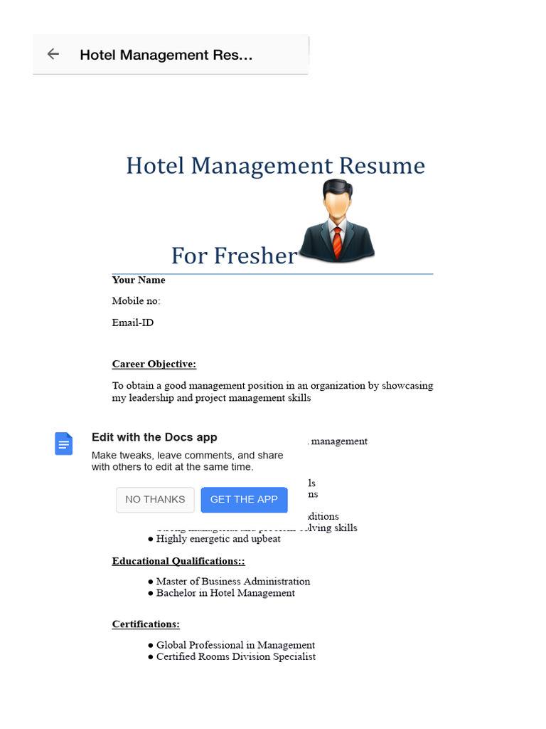 Hotel Management Resume for Freshers | PDF | Career & Growth