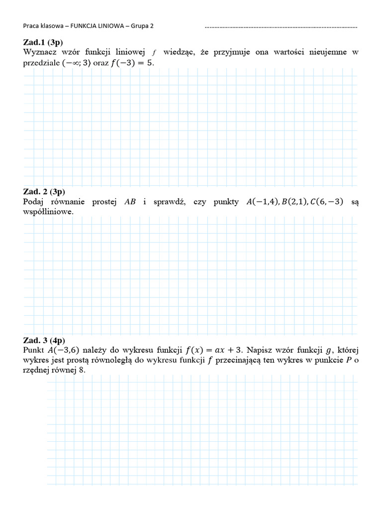 Praca Klasowa Funkcja Liniowa 1 | PDF