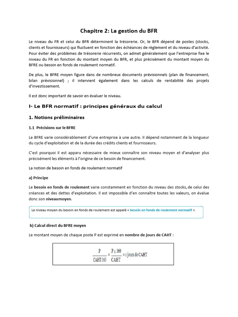 Gestion du BFR : Calcul et Optimisation | PDF | Fonds de roulement ...