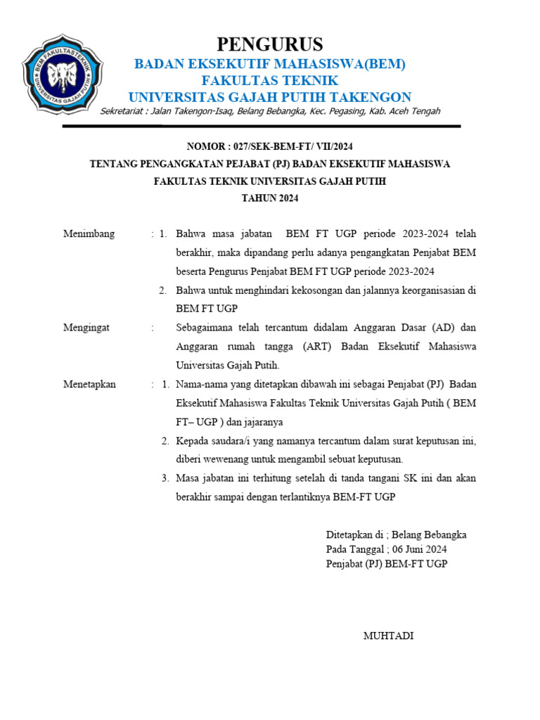 SK Penjabat Bem FT | PDF