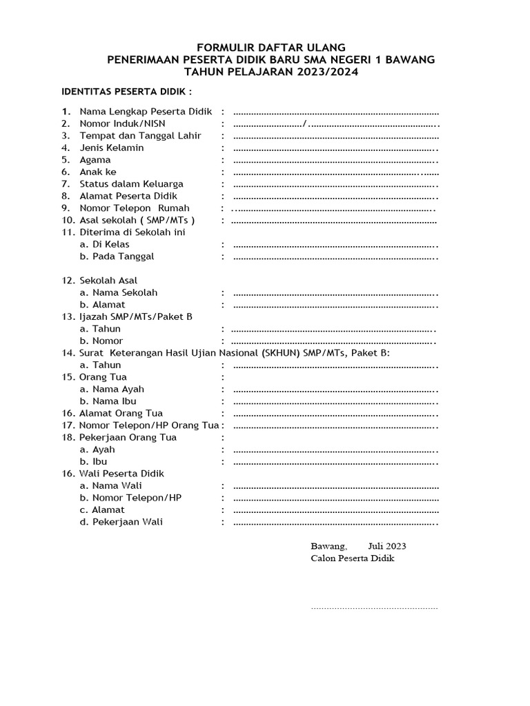 Formulir Daftar Ulang | PDF