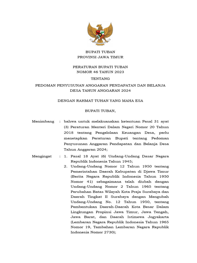 Perbup 46 Tahun 2023 Tentang Pedoman Penyusunan APBDesa Tahun 2024 | PDF