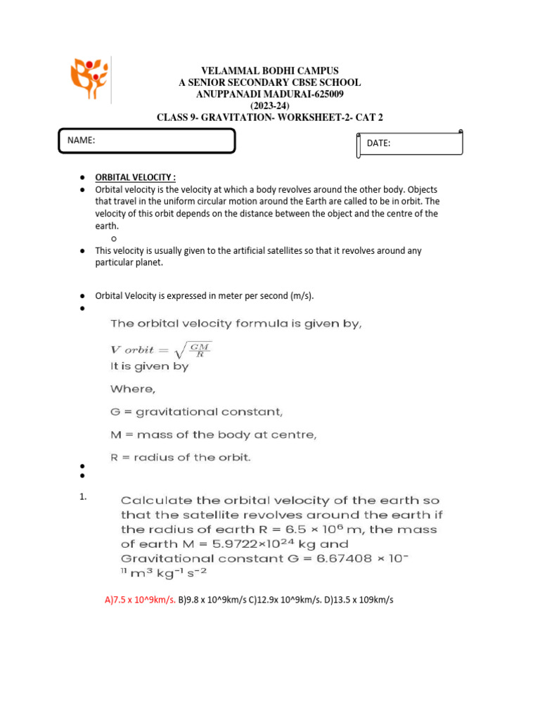 Class 9- Gravitation Worksheet 2 | Download Free PDF | Planets | Orbit