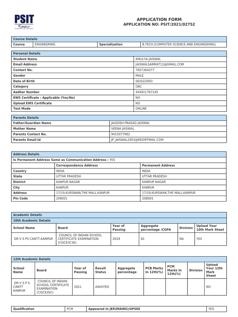Application Form PSIT 2021 02752 | PDF | Qualifications