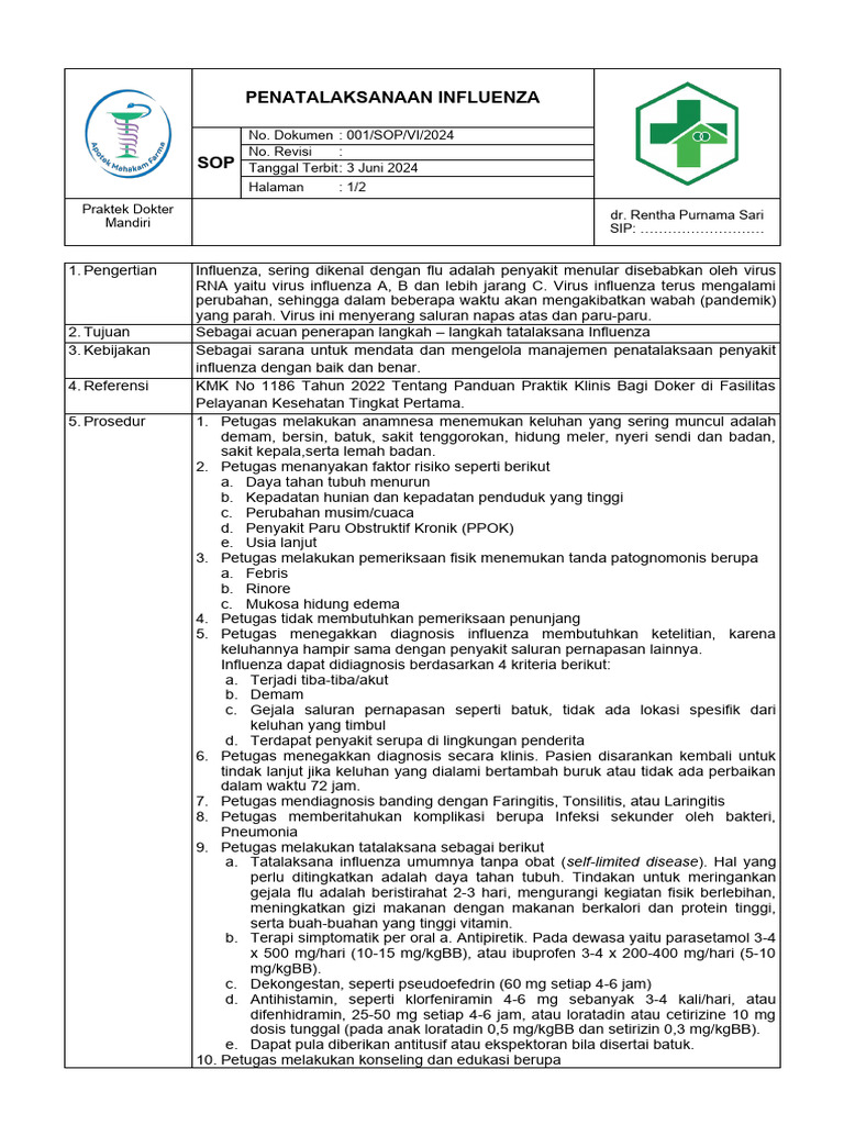 SOP Ke-1 INFLUENZA | PDF