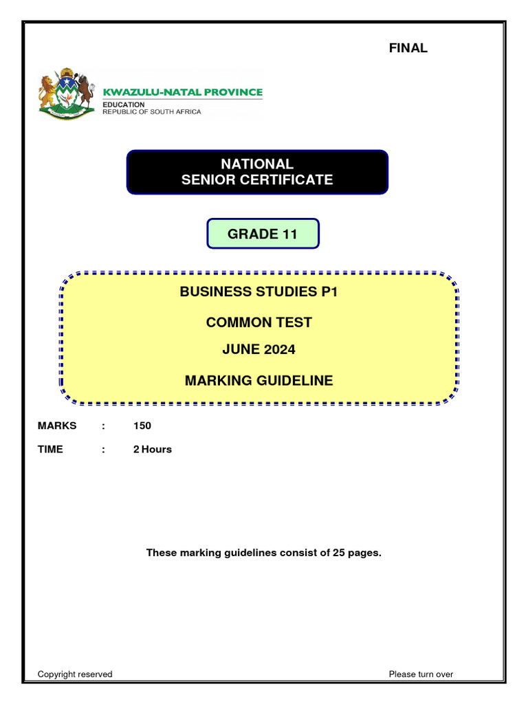 Business Studies p1 GR 11 June 2024 Marking Guideline Final | PDF ...