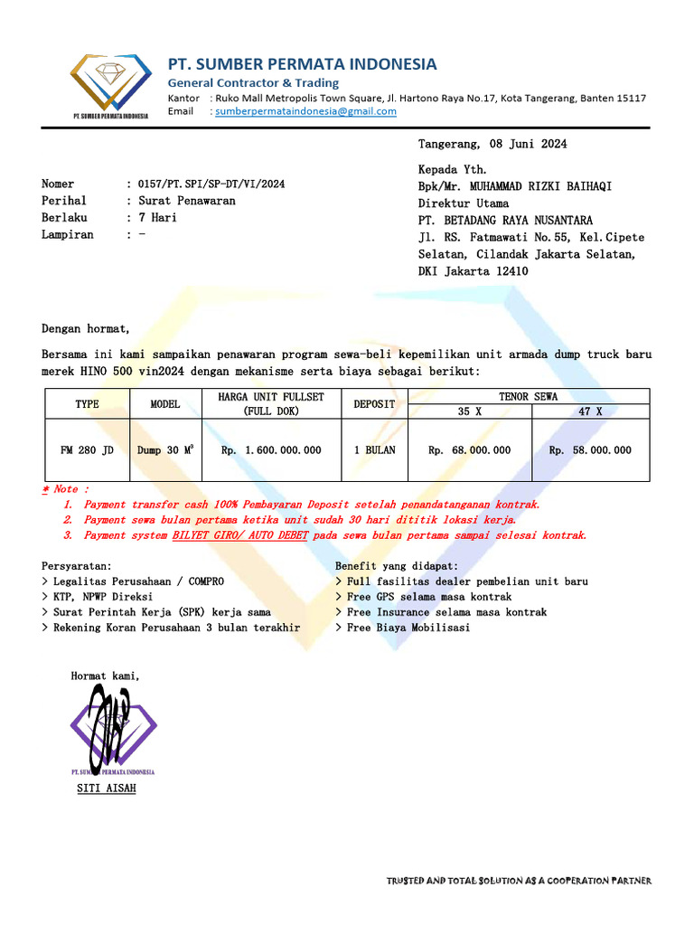 Kop 01 Surat Penawaran Resmi Spi - DT - Pt. BRN | PDF