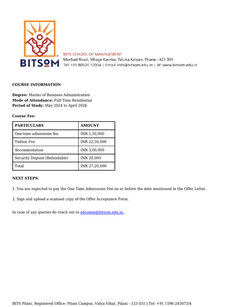Fee Details BITSoM-MBA24-6209 | PDF