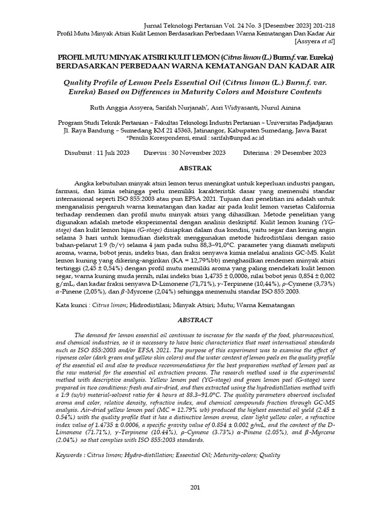 PROFIL MUTU MINYAK ATSIRI KULIT LEMON (Citrus Limon (L.) Burm.f. Var ... PROFIL MUTU MINYAK ATSIRI KULIT LEMON (Citrus Limon (L.) Burm.f. Var ...