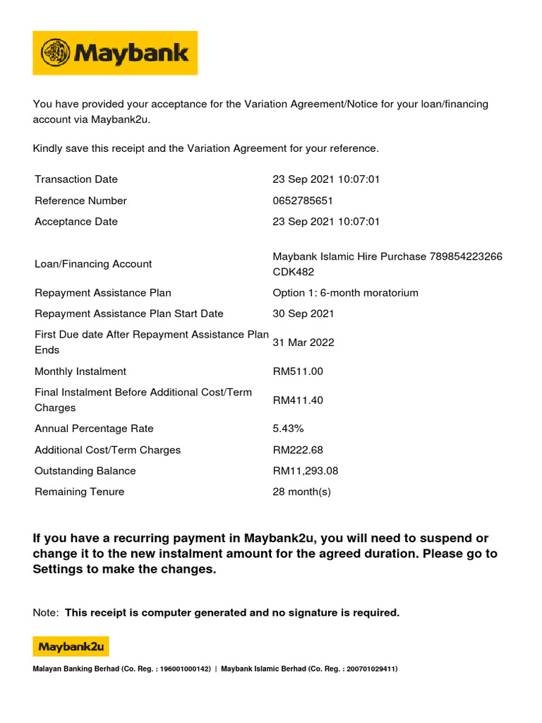 Maybank Loan Variation Agreement Receipt | PDF | Finance & Money Management