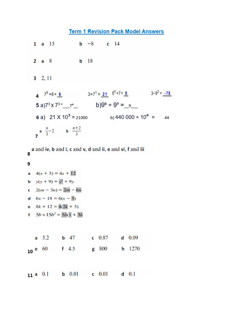 Y7 Term 1 Revision Sheets - Model Answers | PDF