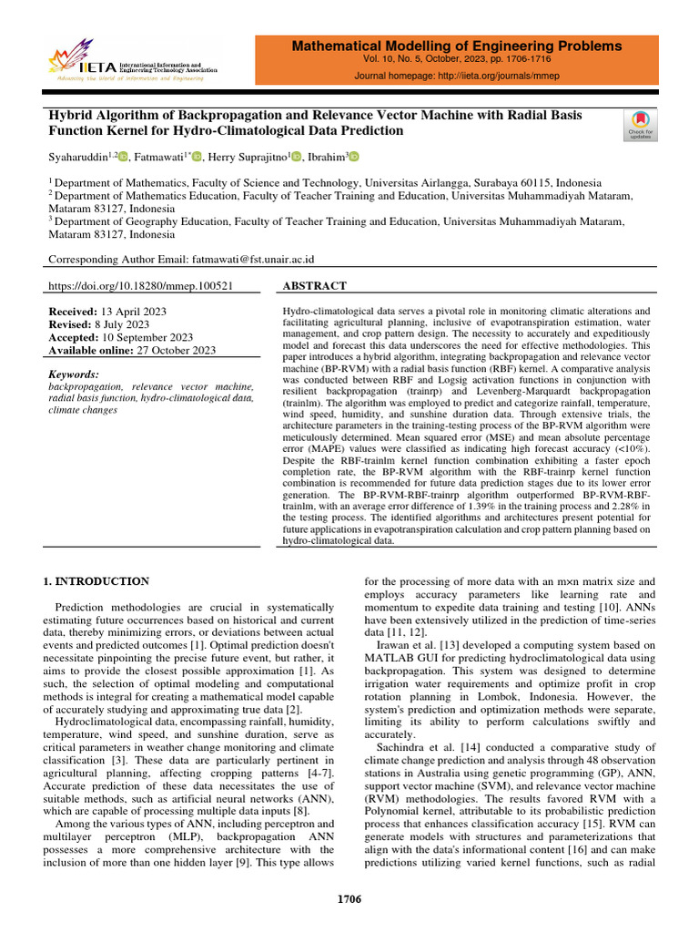 Hybrid Algorithm Of Backpropagation And Relevance Vector Machine With Radial Basis Function
