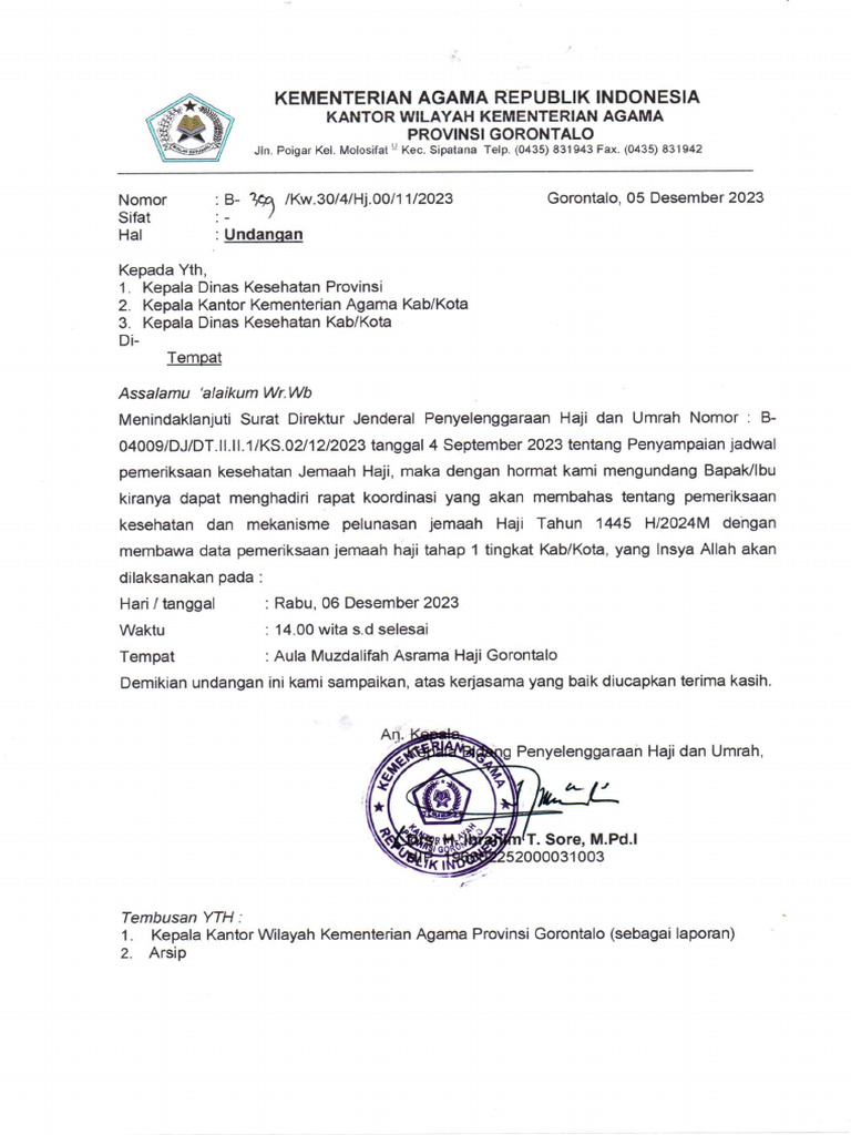 Undangan Keg. Rakor pembahasan Kesehatan dan mekanisme pelunasan JH Th ...