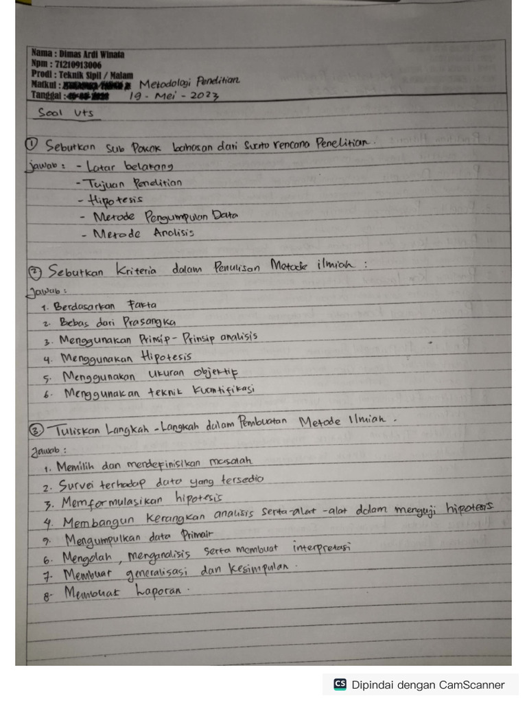 UTS Metodologi Penelitian (Dimas Ardi Winata - 71210913006) | PDF