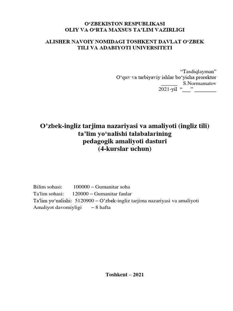 4 Kurs Pedagogik Amaliyot Dasturi | PDF