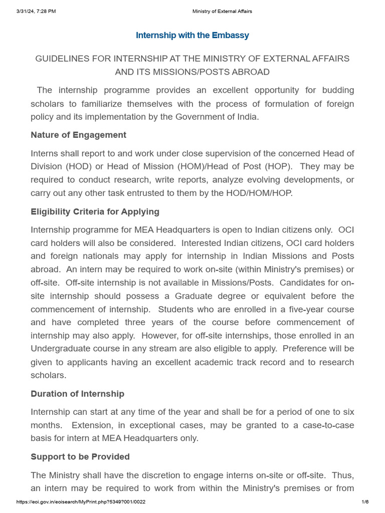 Ministry of External Affairs Internship | Download Free PDF | Identity Document