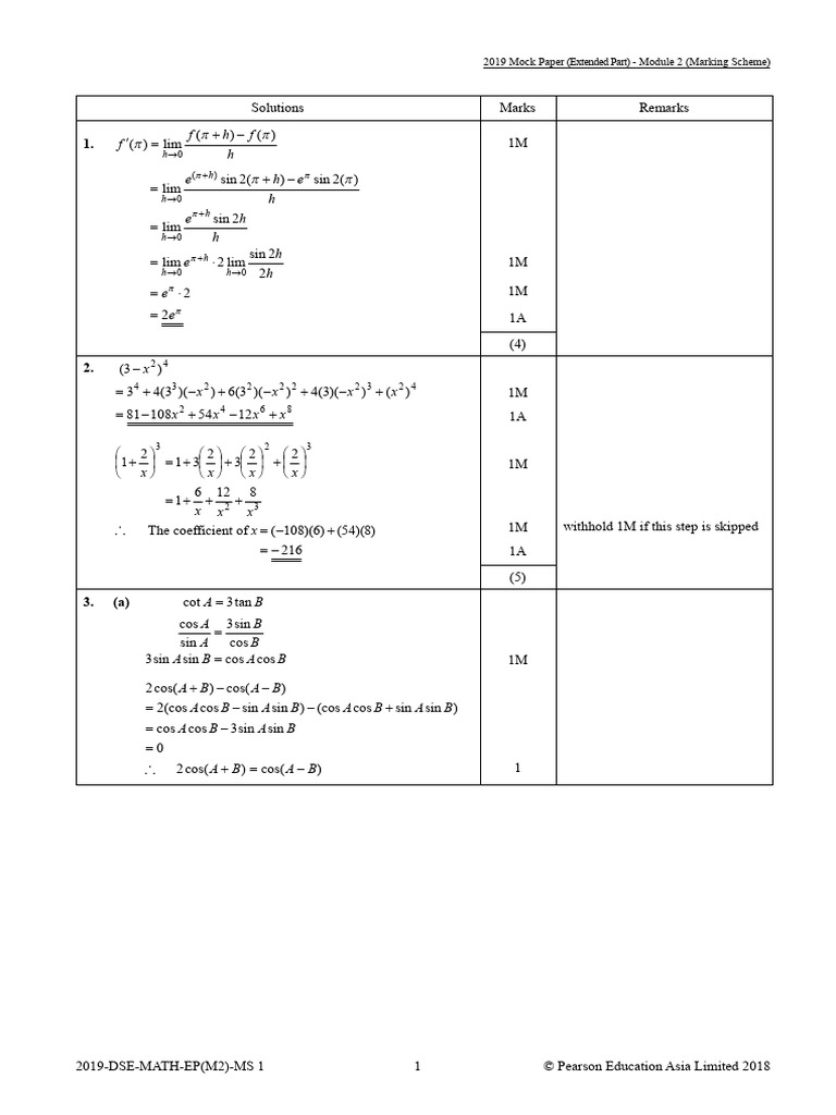 M2 Mock 2019 Marking | PDF | Algebra | Mathematical Objects
