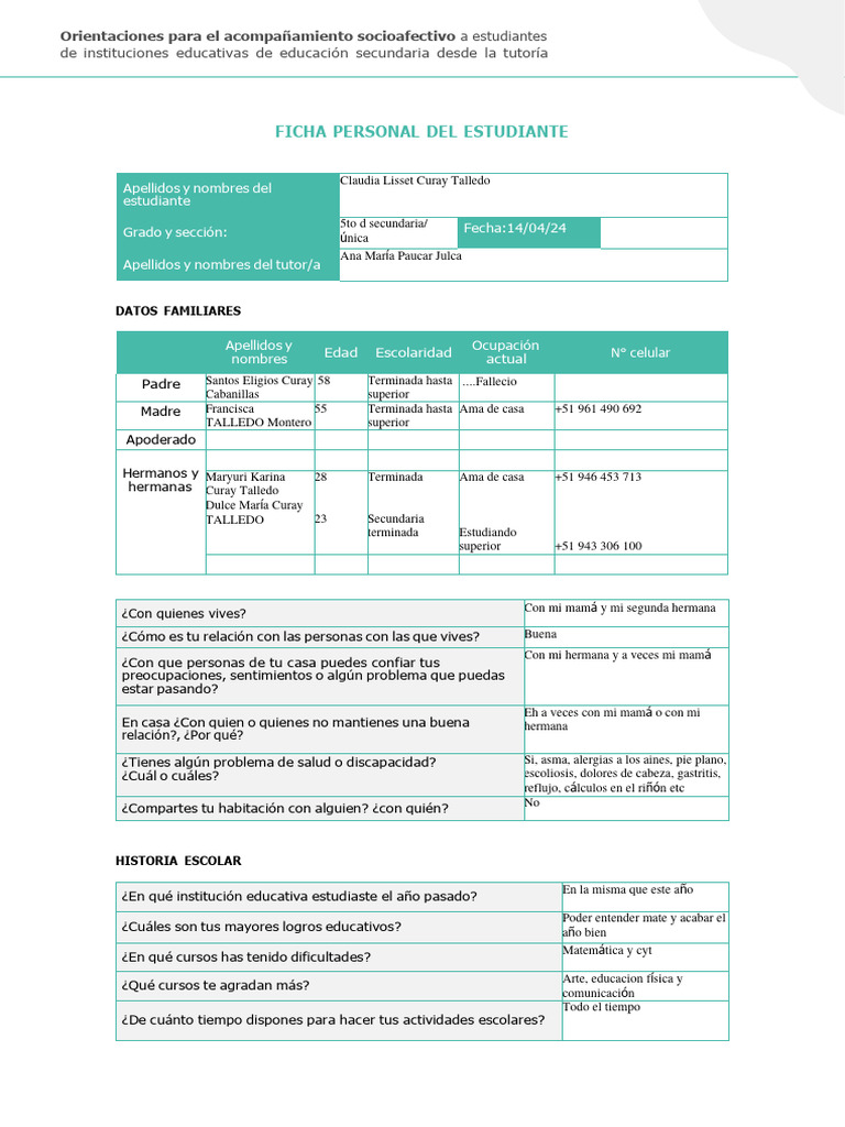 Ficha Personal Del Estudiante | Descargar gratis PDF | Escuelas