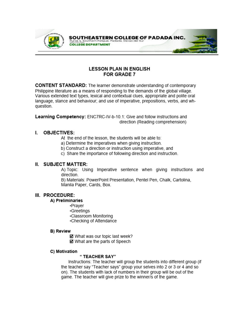 Lesson Plan in Grade 7 - 2 | PDF | Lesson Plan | Sentence (Linguistics)
